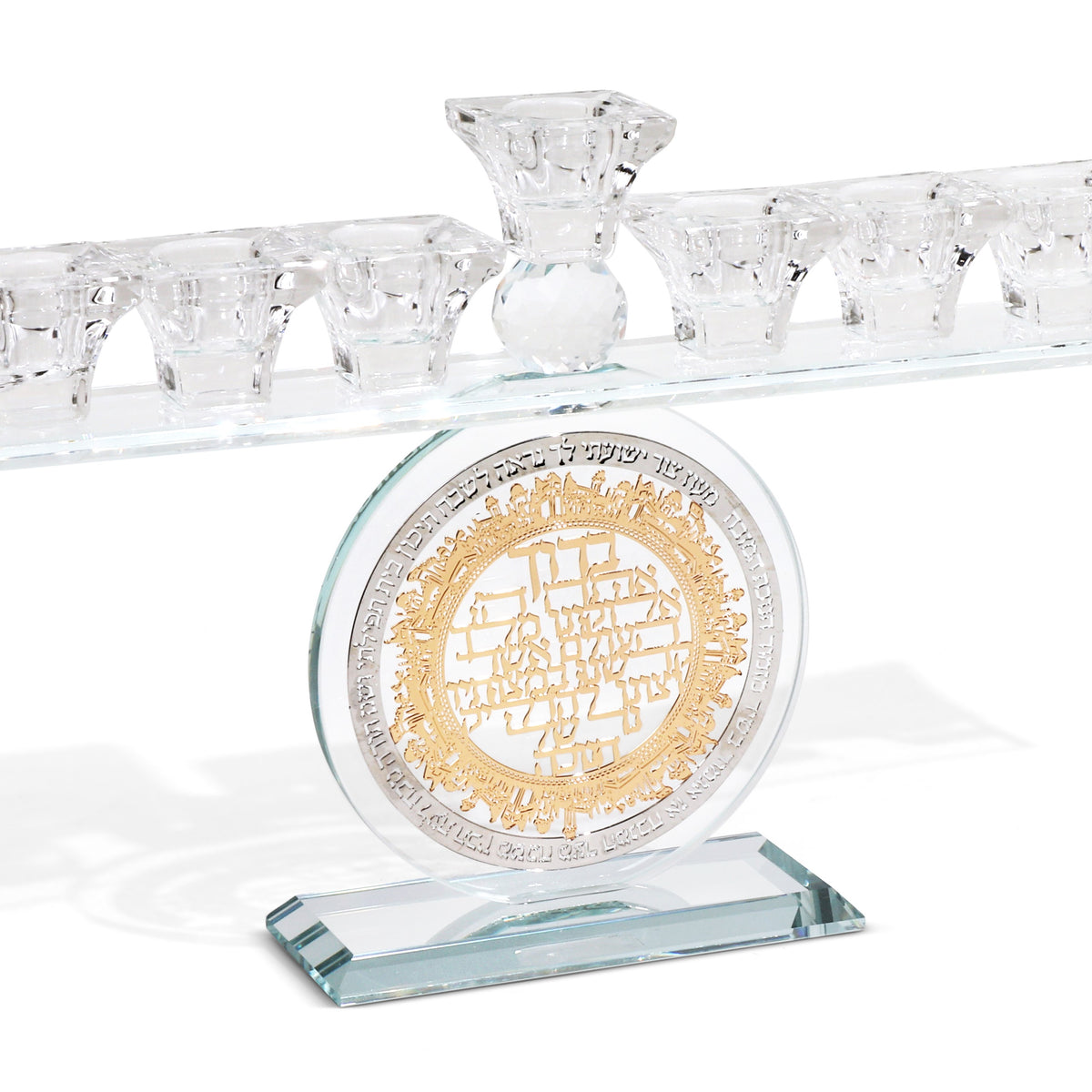Crystal Menorah with Silver & Gold Round Blessing Plates – LEHADAR